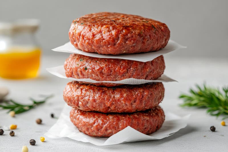 Raw Beef Burger Patties Stacked with Parchment Paper Stock Photo ...