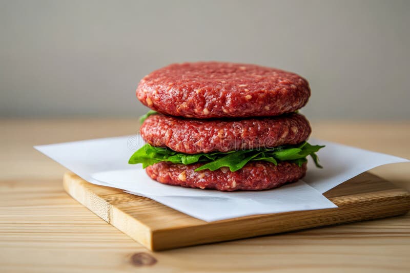Raw Beef Burger Patties Stacked with Parchment Paper Stock Photo ...