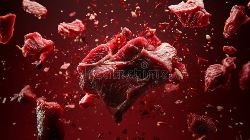 Raw Beef Chunks Flying Against Dark Red Background Stock Illustration ...