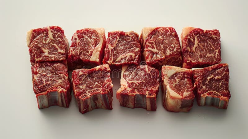 Raw Beef Cubes Arranged in a Row on a White Background Stock Photo ...