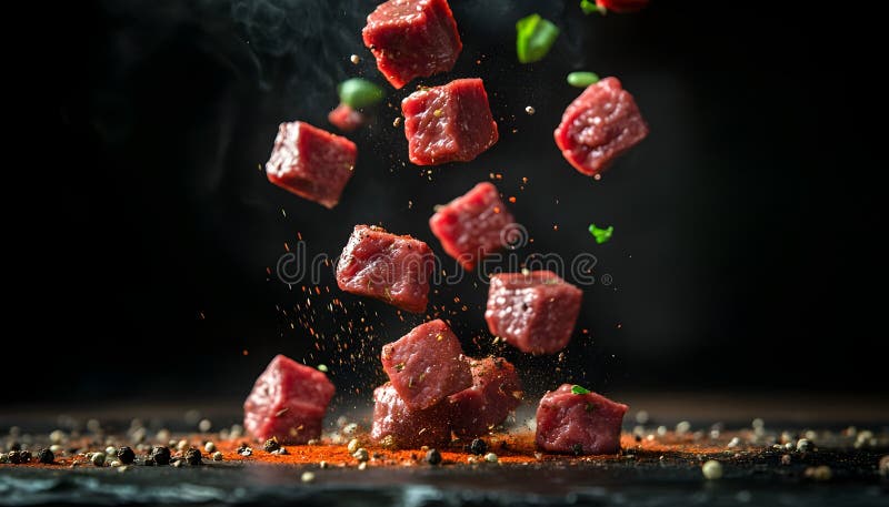 Raw Beef Cubes Falling Over Dark Background with Floating Spices Stock ...