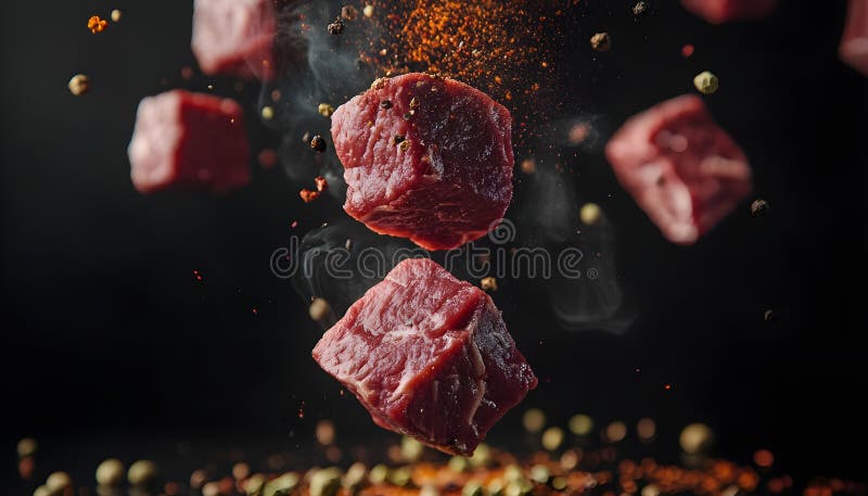 Raw Beef Cubes Falling Over Dark Background with Floating Spices Stock ...