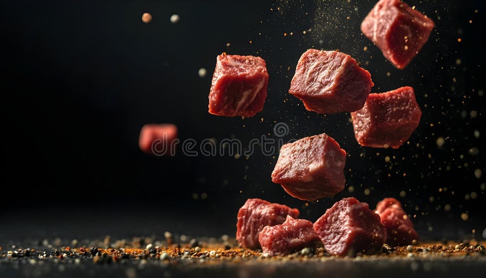 Raw Beef Cubes Falling Over Dark Background with Floating Spices Stock ...