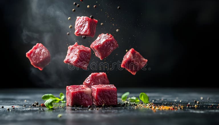 Raw Beef Cubes Falling Over Dark Background with Floating Spices Stock ...