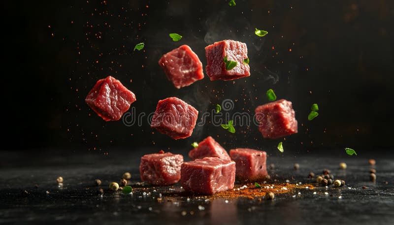 Raw Beef Cubes Falling Over Dark Background with Floating Spices Stock ...
