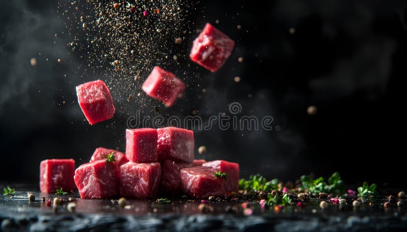 Raw Beef Cubes Falling Over Dark Background with Floating Spices Stock ...