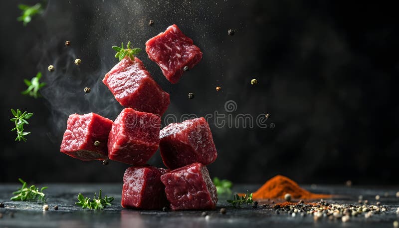 Raw Beef Cubes Falling Over Dark Background with Floating Spices Stock ...