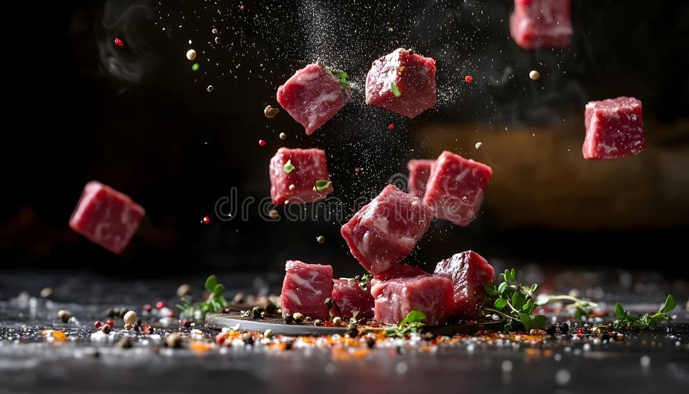 Raw Beef Cubes Falling Over Dark Background with Floating Spices Stock ...