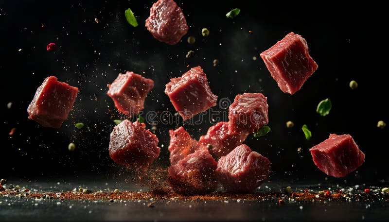 Raw Beef Cubes Falling Over Dark Background with Floating Spices Stock ...