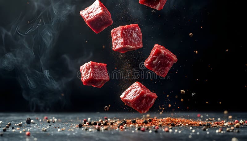 Raw Beef Cubes Falling Over Dark Background with Floating Spices Stock ...