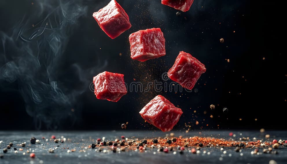 Raw Beef Cubes Falling Over Dark Background with Floating Spices Stock ...