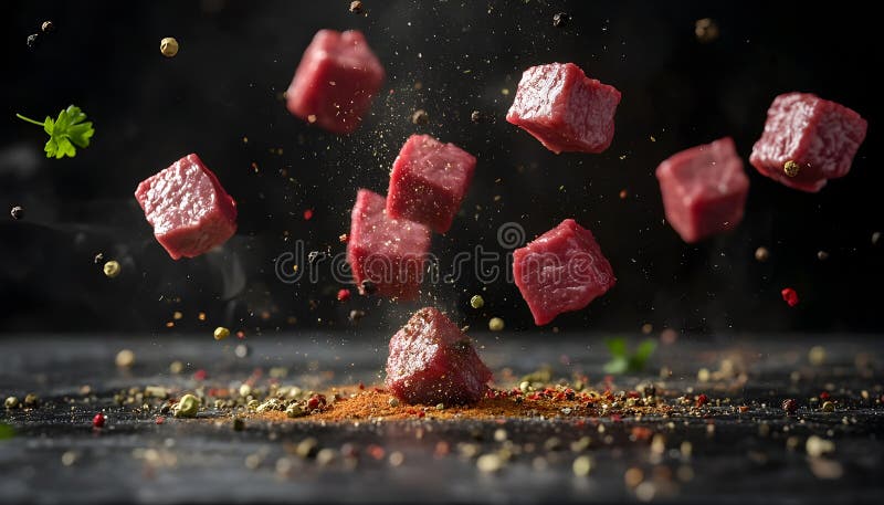 Raw Beef Cubes Falling Over Dark Background with Floating Spices Stock ...