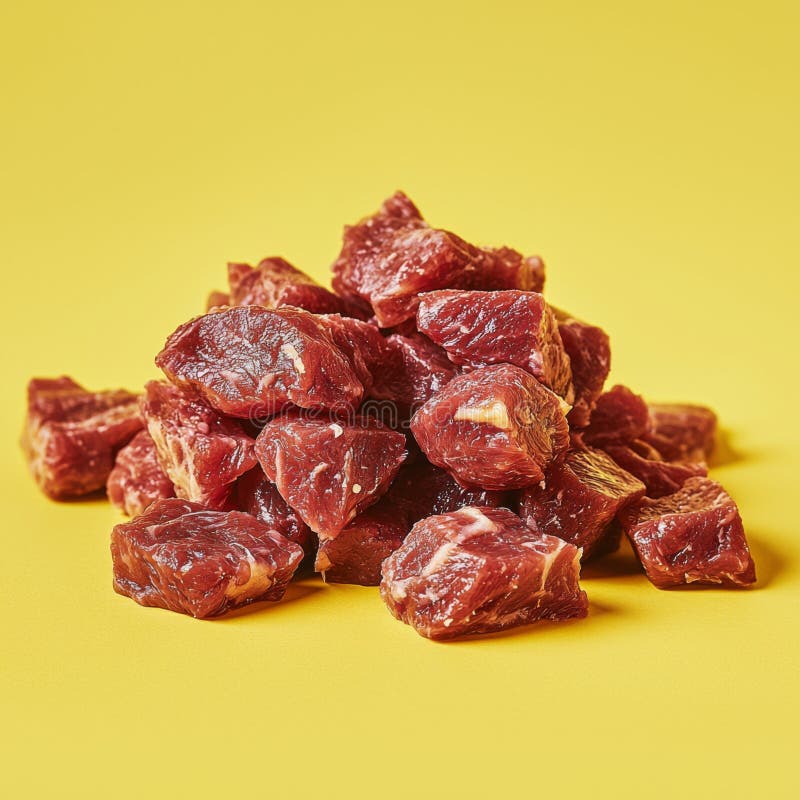 Raw Beef Cubes Stacked on Bright Yellow Background for Culinary Use ...