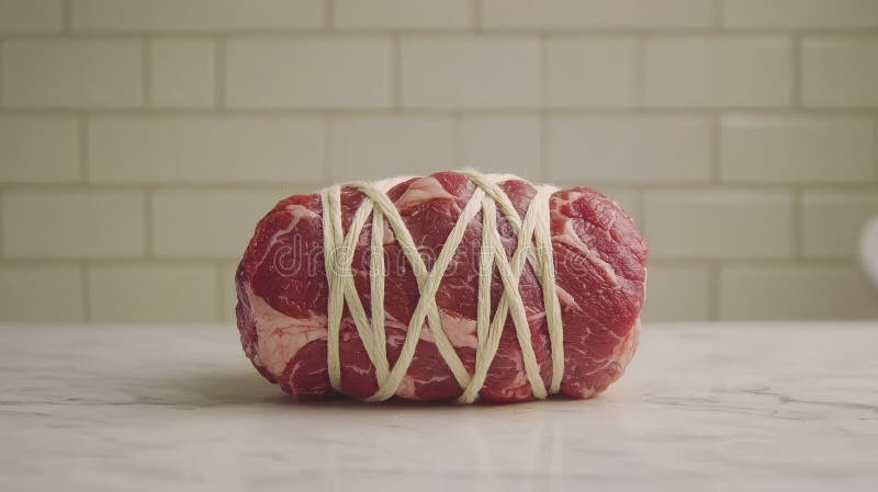 Raw Beef Cut Tied with String on Marble Surface in Bright Kitchen ...