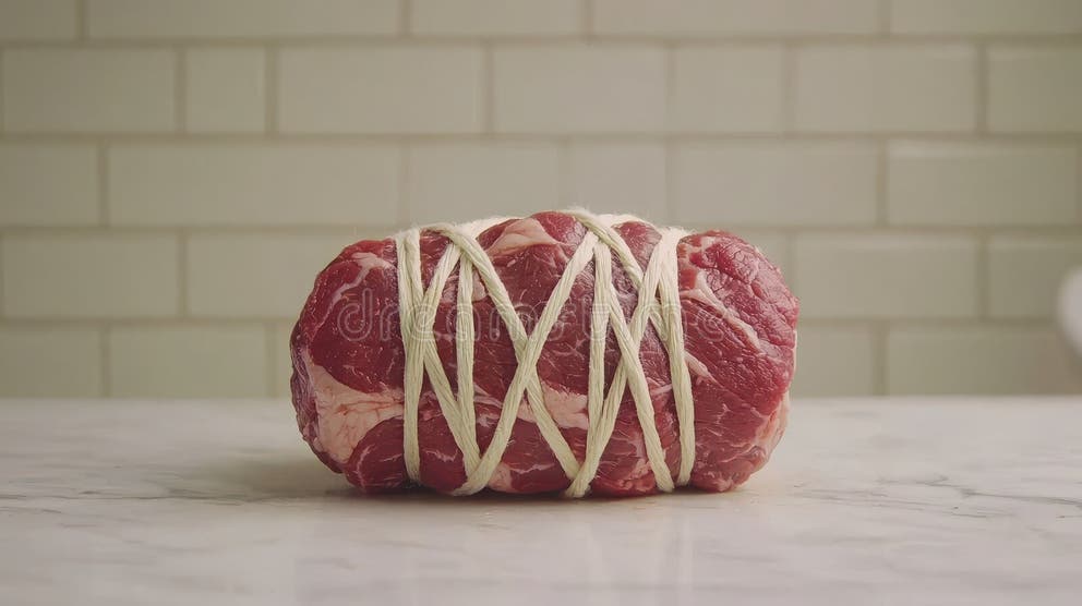 Raw Beef Cut Tied with String on Marble Surface in Bright Kitchen ...