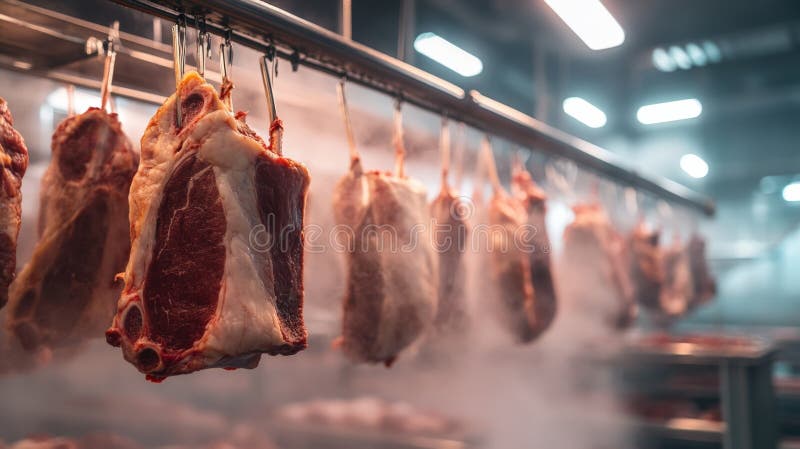 Raw Beef Cuts Hanging in a Refrigerated Butchery for Aging Process ...