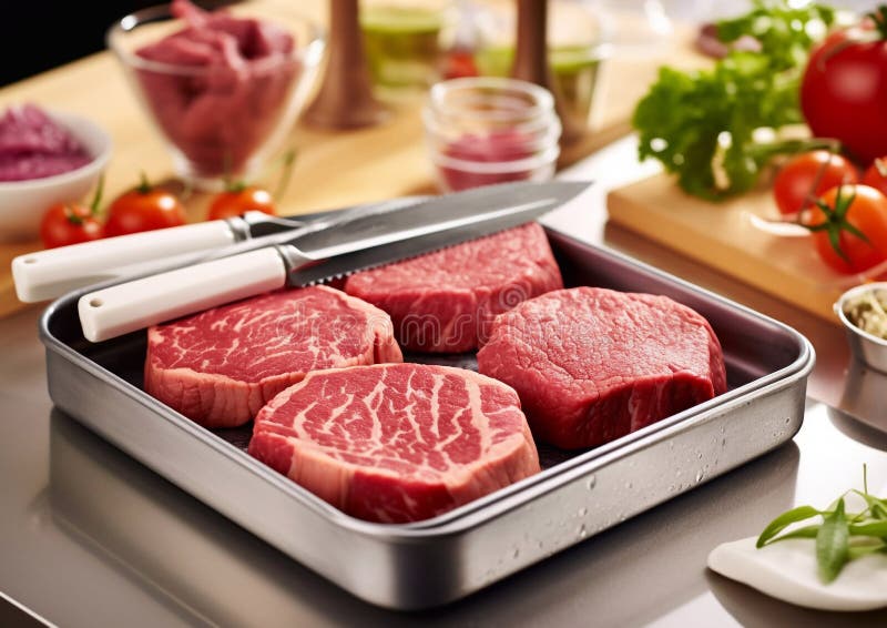 Raw Beef Fillet on Tray with Vegetables and Knifes on Light Kitchen ...
