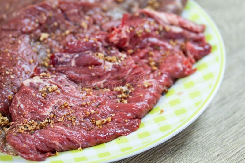 Raw beef flank on a plate stock photo. Image of dinner - 190112574