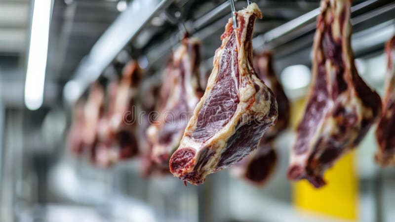 Raw Beef Hanging from Hooks in a Meat Processing Facility Stock ...