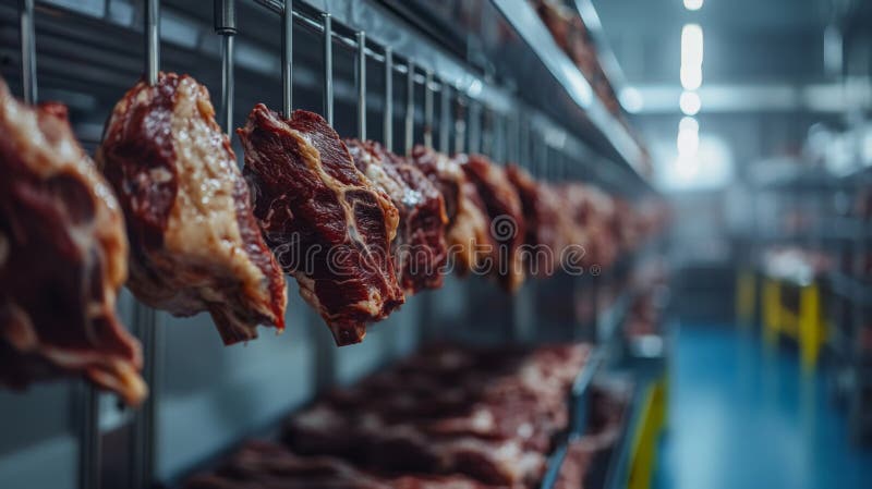 Raw Beef Hanging in Industrial Meat Processing Facility Stock ...