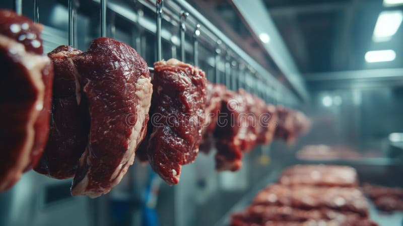 Raw Beef Hanging in Industrial Meat Processing Plant Stock Illustration ...