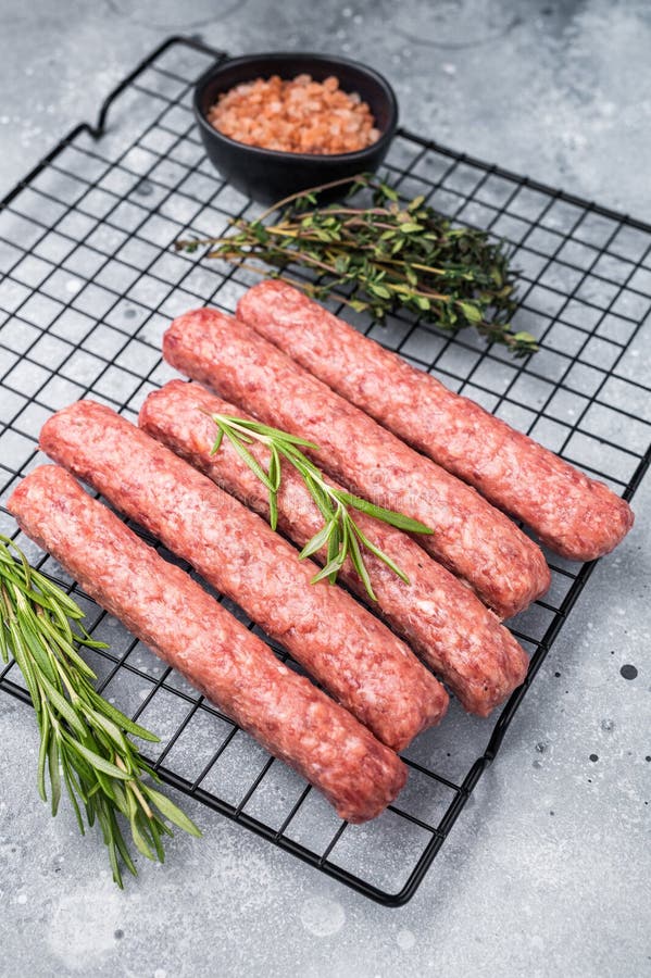 Raw Beef and Lamb Meat Kebabs Sausages, Kofta Kebab. Grey Background ...