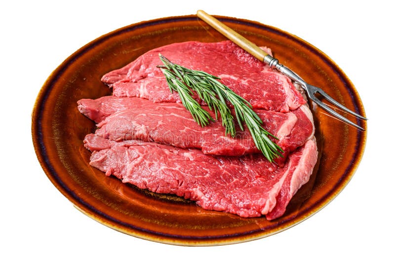 Raw Beef Meat Chop Rump Steak on a Plate. Isolated on White Background ...