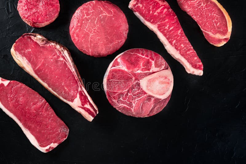 Raw Beef Meat Cuts, Top Shot with a Place for Text Stock Photo - Image ...