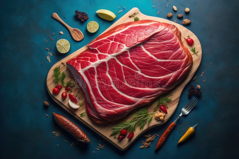 Raw Beef Meat with Ingredients for Cooking on Blue Background. Top View ...