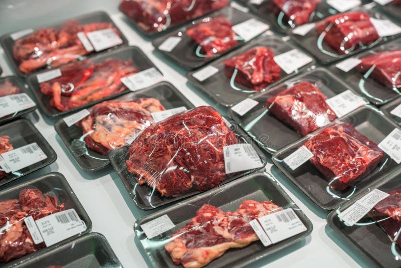 Raw Beef Meat in Plastic Box in Supermarket Stock Image - Image of ...