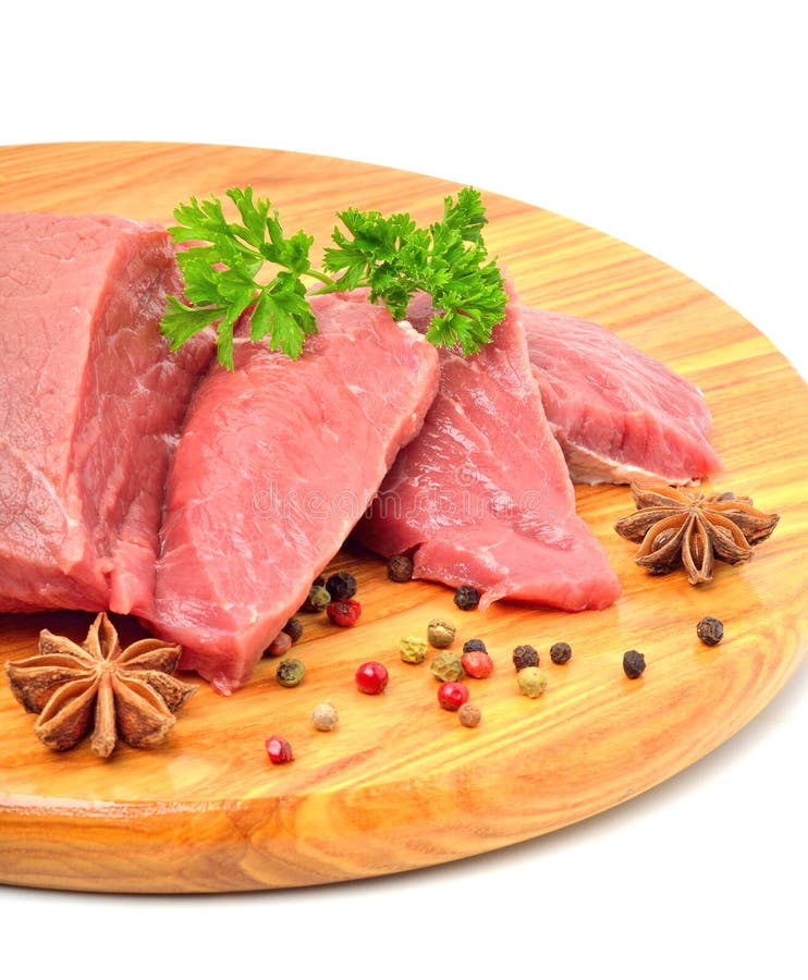 Raw Beef and Meat Slices Isolated on White Stock Photo - Image of ...