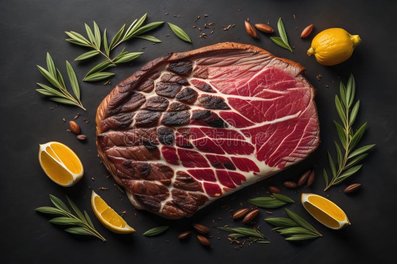 Raw Beef Meat with Spices and Lemon on Black Background, Top View ...