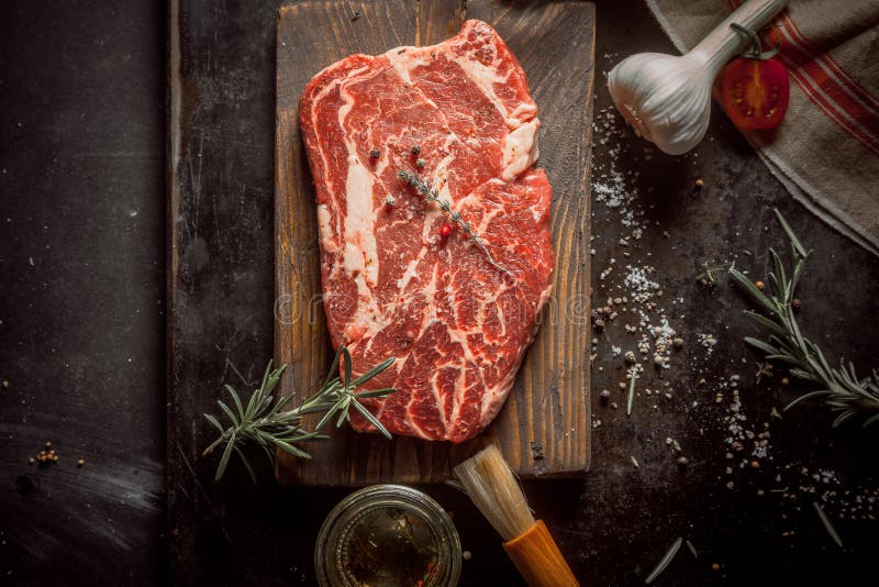 Close Up Raw Beef or Pork Meat on Rustic Table Stock Image - Image of ...