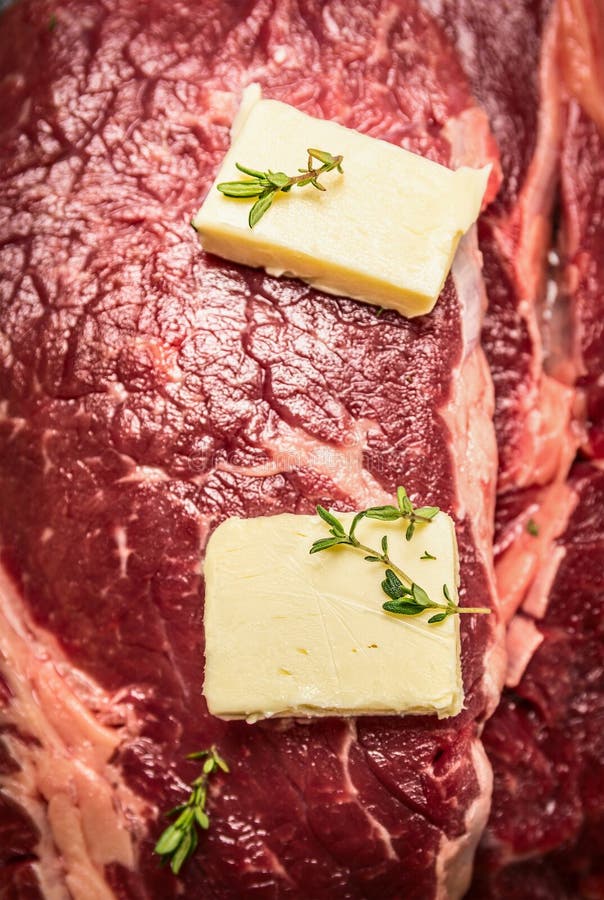 Raw Beef Meat with Thyme Butter Stock Photo - Image of dinner, beef ...