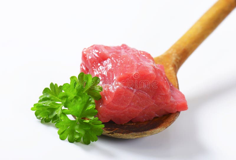 Raw Beef Meat on Wooden Spoon Stock Photo - Image of piece, food: 57097504