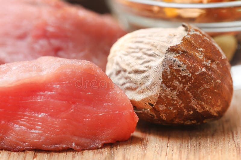 Raw beef with nutmeg stock photo. Image of shank, freshness - 77420370
