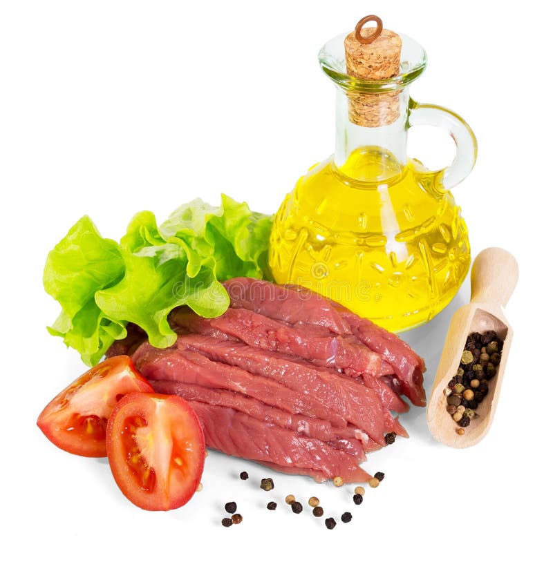 Raw Beef, Oil Bottle, Vegetables and Spices Isolated on White. Stock ...