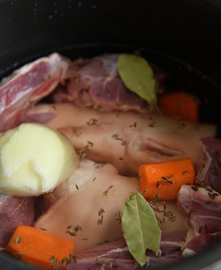 Raw Beef and Pork with Spices in Broth Water Stock Image - Image of ...