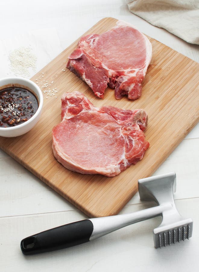 Pounding Raw Meat With Metal Hammer Close Stock Photo - Image of ...
