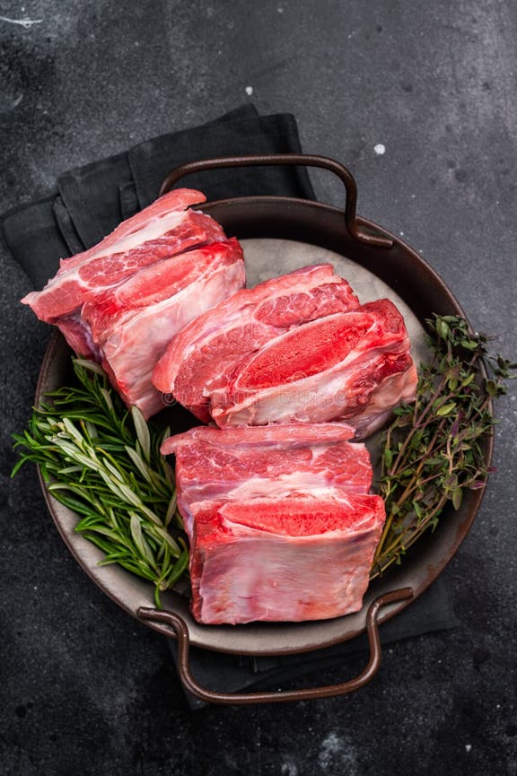 Raw Beef Short Rib, Uncooked Meat with Bone and Fat. Black Background ...