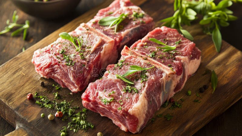 Raw Beef Short Ribs with Herbs on Wooden Board Stock Illustration ...