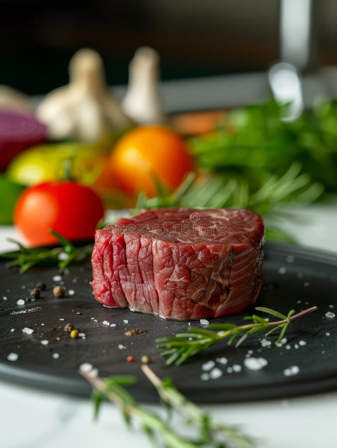 Raw Beef Steak with Fresh Vegetables and Herbs on a Cutting Board ...