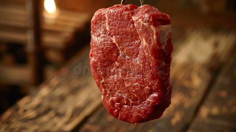 Raw beef steak hanging stock image. Image of dining - 356348429