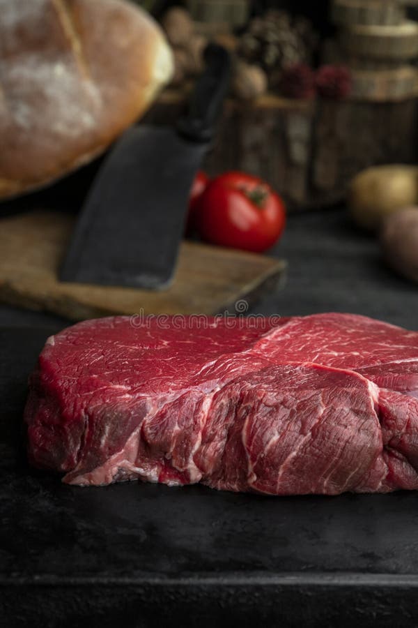 Raw Beef Steak in the Rustic Kitchen Stock Image - Image of chop ...