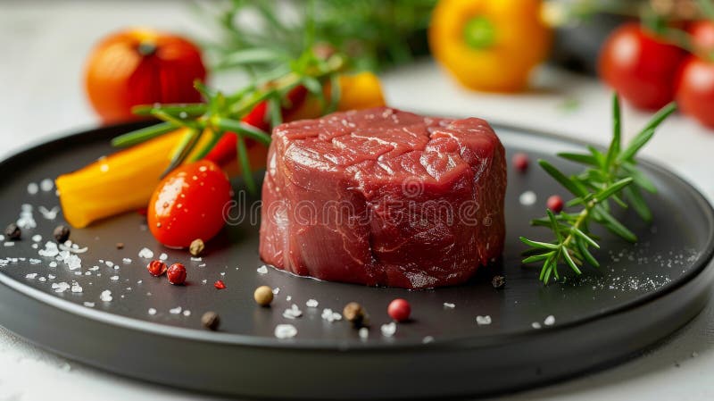 Raw Beef Steak with Tomatoes and Herbs on a Black Plate Stock Image ...
