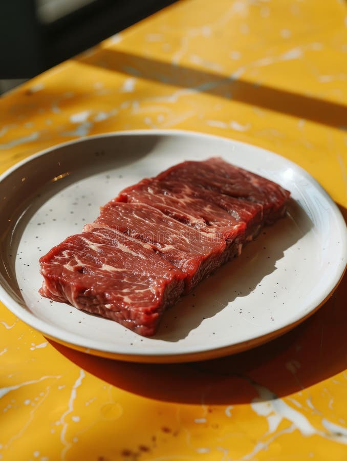 Raw Beef Steak White Plate Yellow Marble Background Stock Photos - Free ...