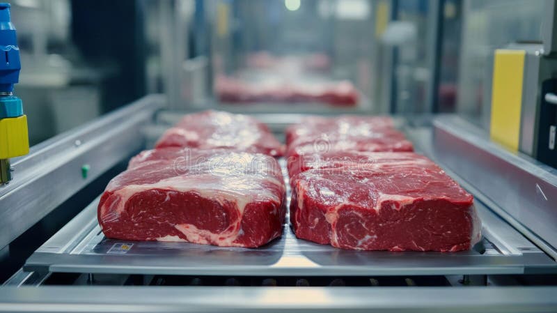 Raw Beef Steaks on a Conveyor Belt in a Food Processing Facility Stock ...