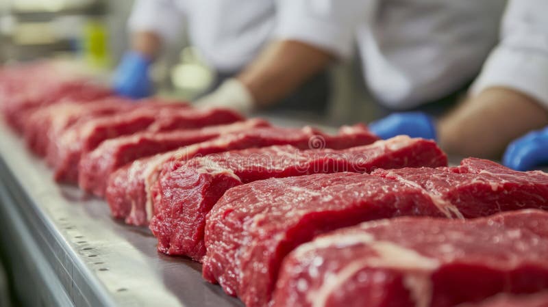 Raw Beef Steaks on a Conveyor Belt in a Meat Processing Facility Stock ...