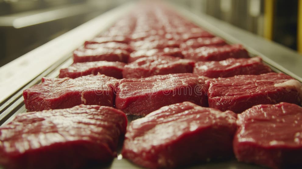 Raw Beef Steaks on a Conveyor Belt in a Processing Plant Stock ...