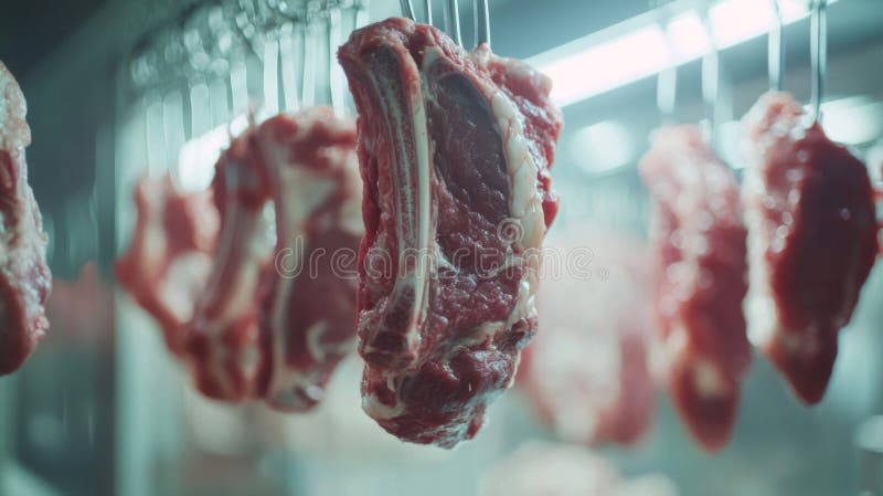Raw Beef Steaks Hanging in Cold Storage Stock Illustration ...